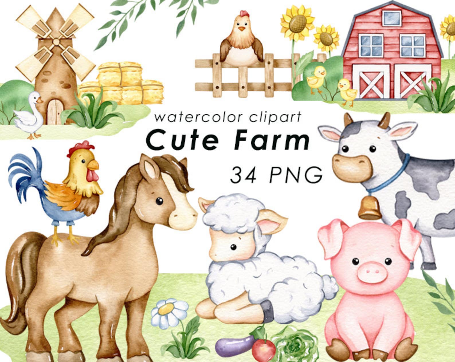 Farm Animals Watercolor Clipart Cute Farm Clip Art Nursery - Etsy