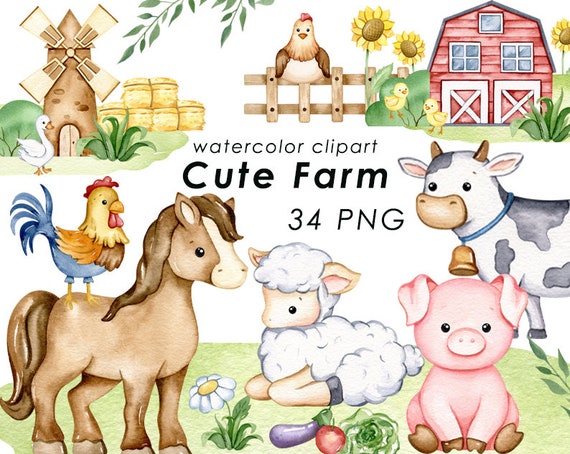 Farm Animals Watercolor Clipart Cute Farm Clip Art Nursery - Etsy