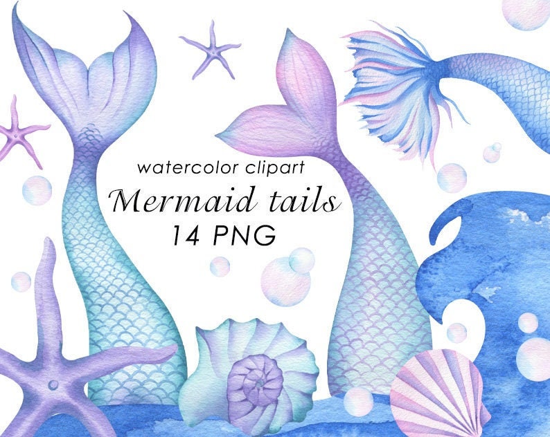 Watercolor mermaid tail clipart pastel baby girl birthday | Etsy