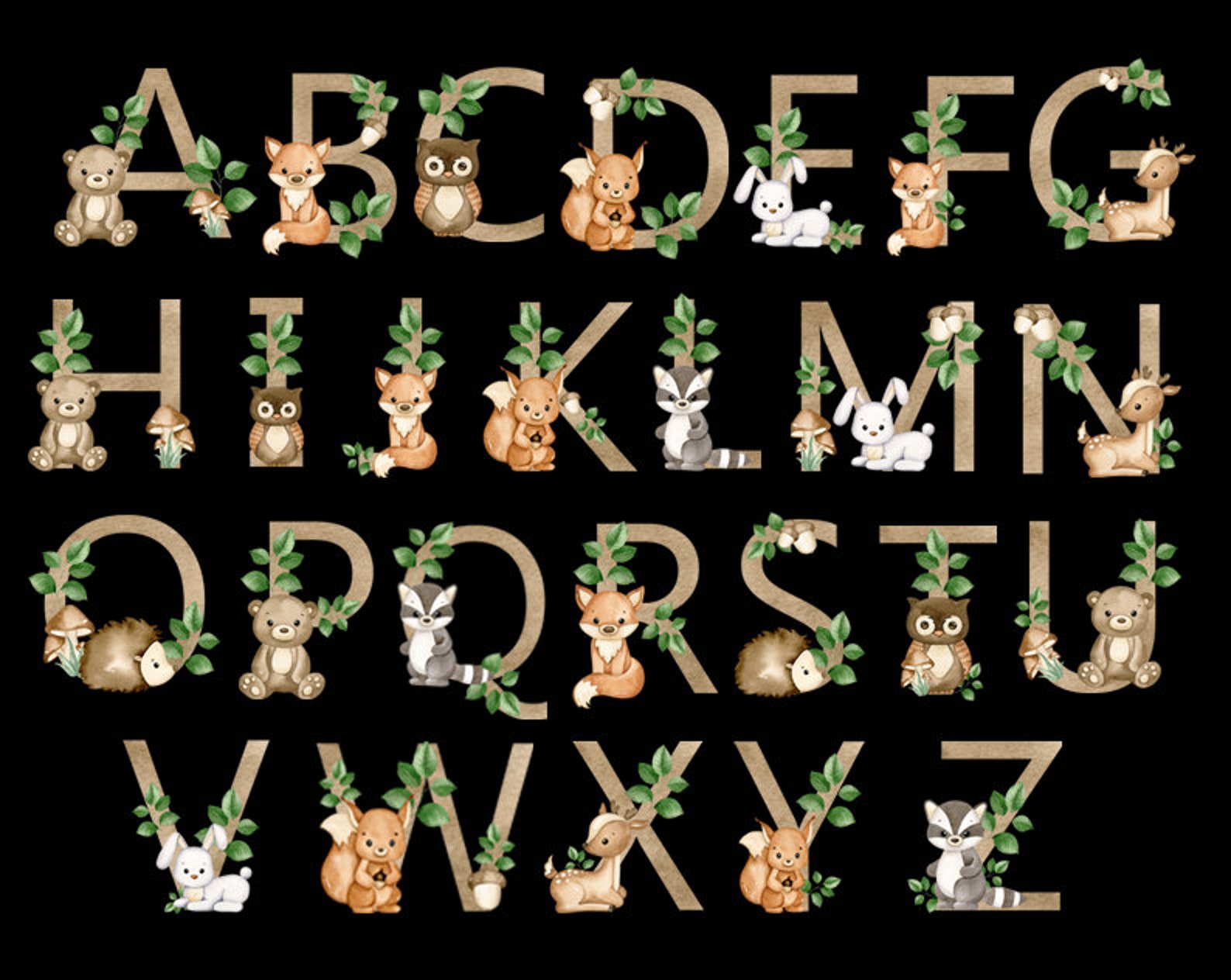 Woodland Watercolor Alphabet Clipart Nursery Decor Baby Girl - Etsy
