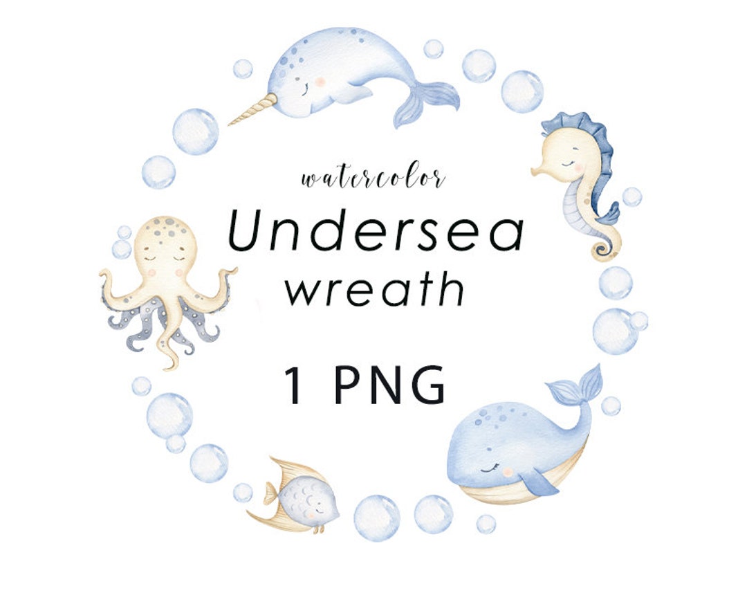 Undersea Watercolor Wreath, Nautical Frame Png, Nursery Decor, Baby ...