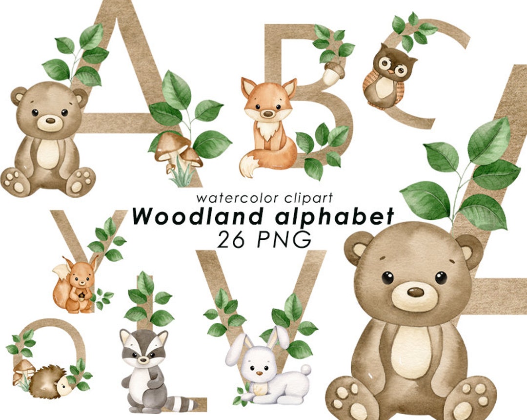 Woodland Watercolor Alphabet Clipart, Nursery Decor, Baby Girl Boy ...