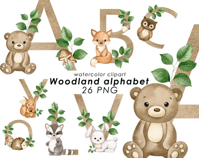 Woodland Watercolor Alphabet Clipart Nursery Decor Baby Girl - Etsy