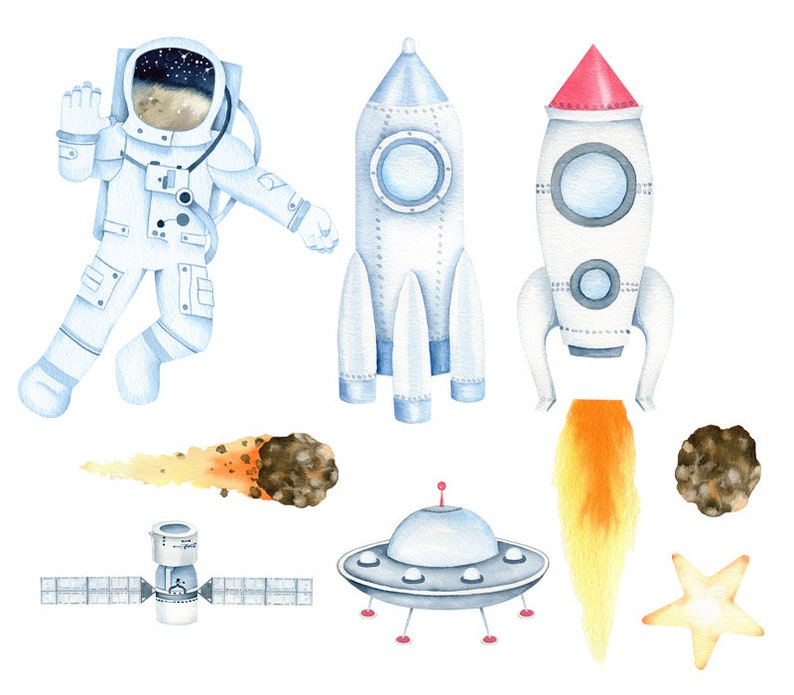 Watercolor Space Clipart Planets Comets Rocket Ship and | Etsy
