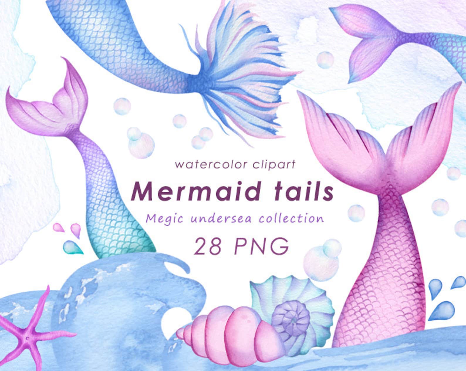 Watercolor Mermaid Tail Clipart Pastel Baby Girl Birthday - Etsy