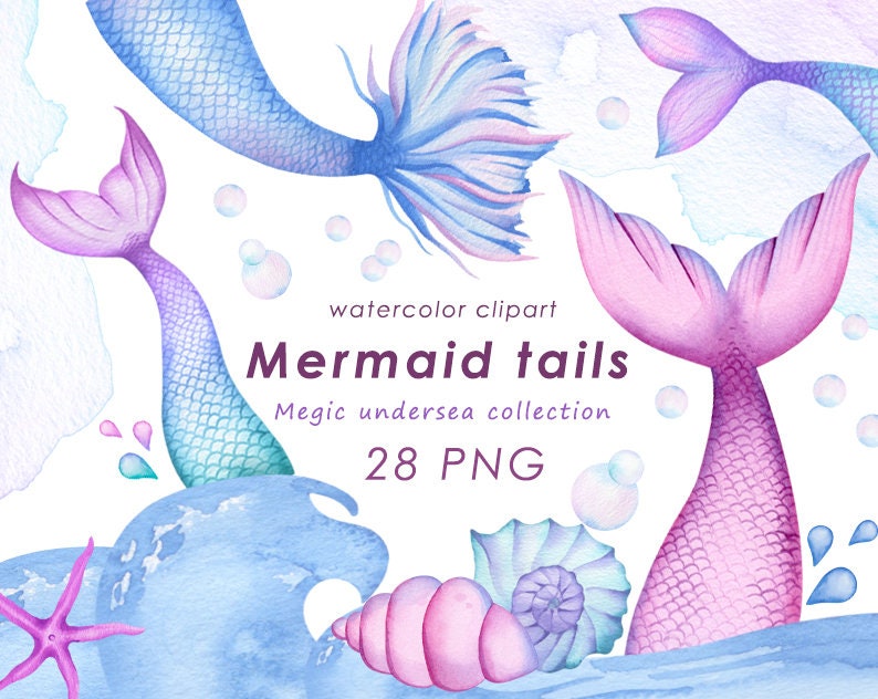 Watercolor Mermaid Tail Clipart Pastel Baby Girl Birthday - Etsy