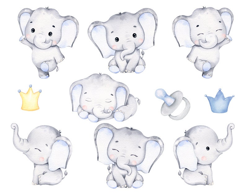 Elephant Watercolor Clipart, Cute Baby Elephant PNG, Baby Boy Clip Art ...