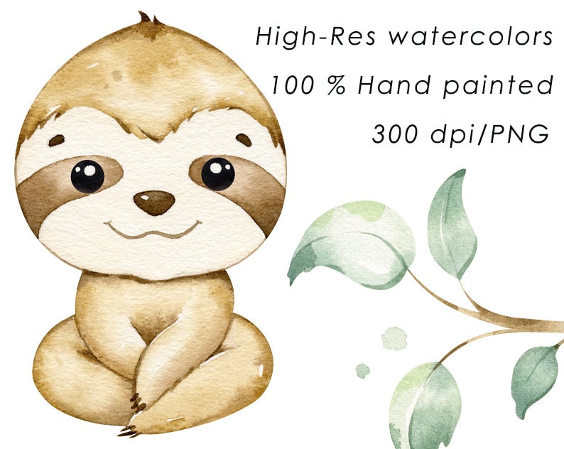 Sloth Watercolor Clipart Cute Sloths Clip Art Tropical - Etsy