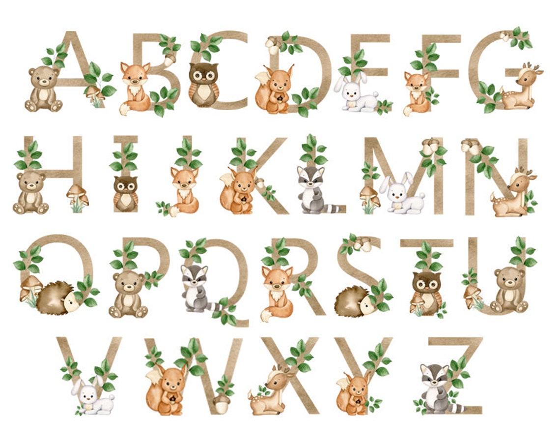 Woodland Watercolor Alphabet Clipart Nursery Decor Baby Girl - Etsy