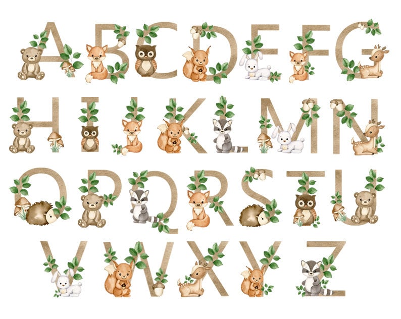 Woodland Watercolor Alphabet Clipart Nursery Decor Baby Girl - Etsy