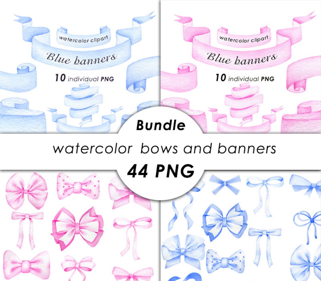 Watercolor Pink and Blue Ribbon Banners Clipart, Bows PNG Files ...