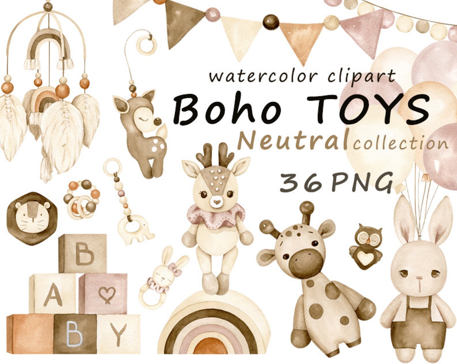 Watercolor Baby Toys Clipart Boho Baby Shower Newborn Kids - Etsy