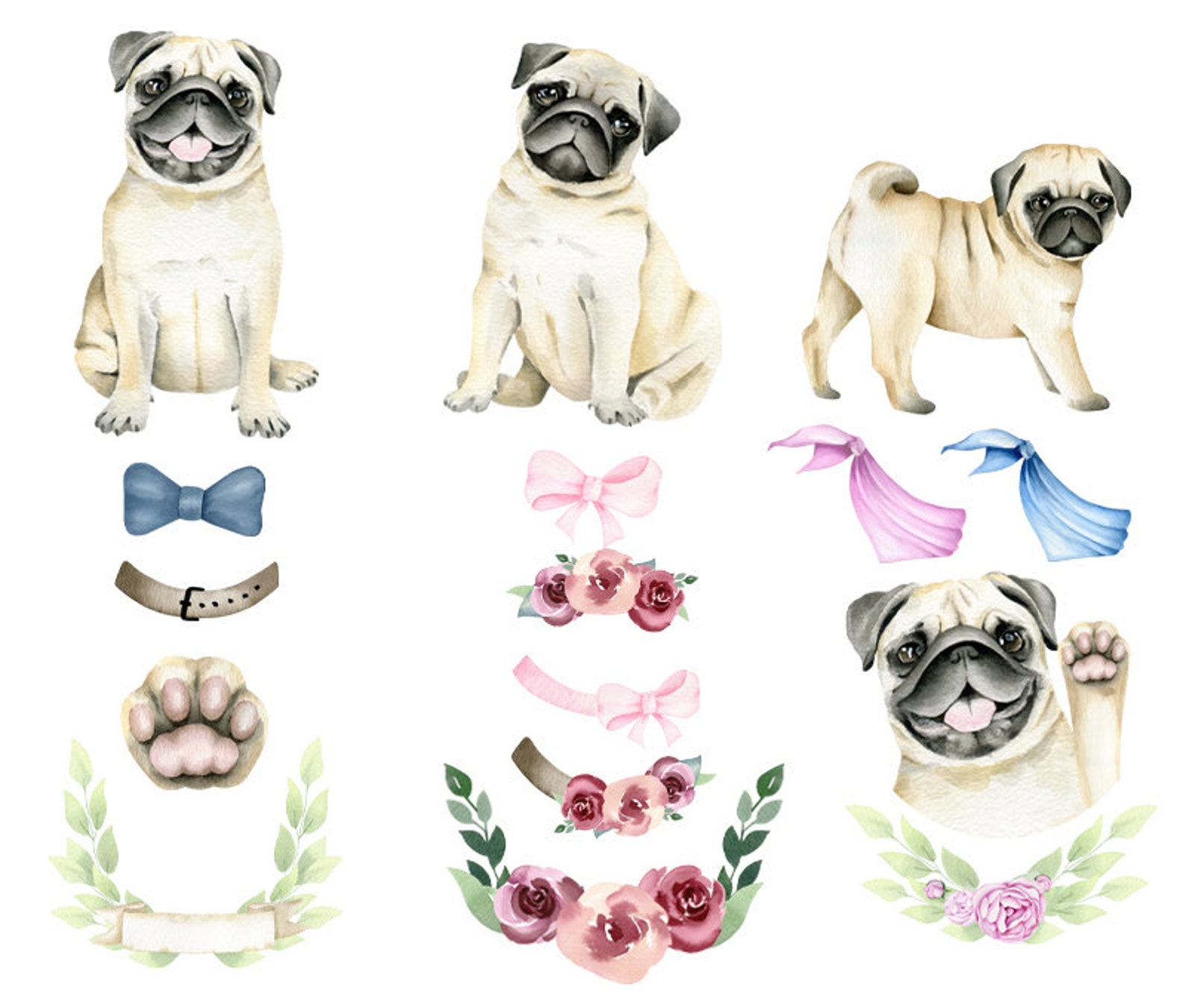 Watercolor Pug Clipart Hand Painted Dog Portrait Pug Digital - Etsy