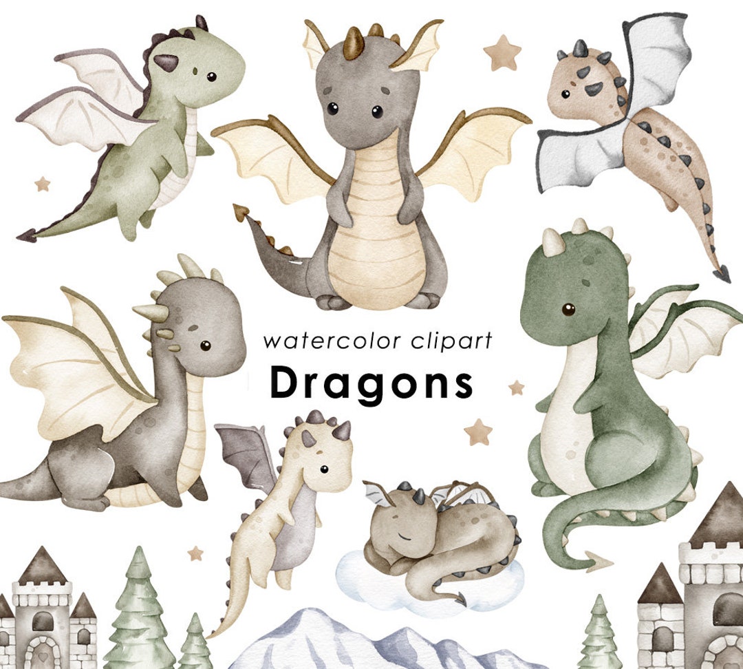Dragons Watercolor Clipart, Cute Dragon PNG, Nursery Wall Art, Boys ...