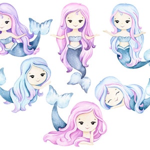 Mermaid Watercolor Clipart Cute Mermaids PNG Girl Clip Art - Etsy