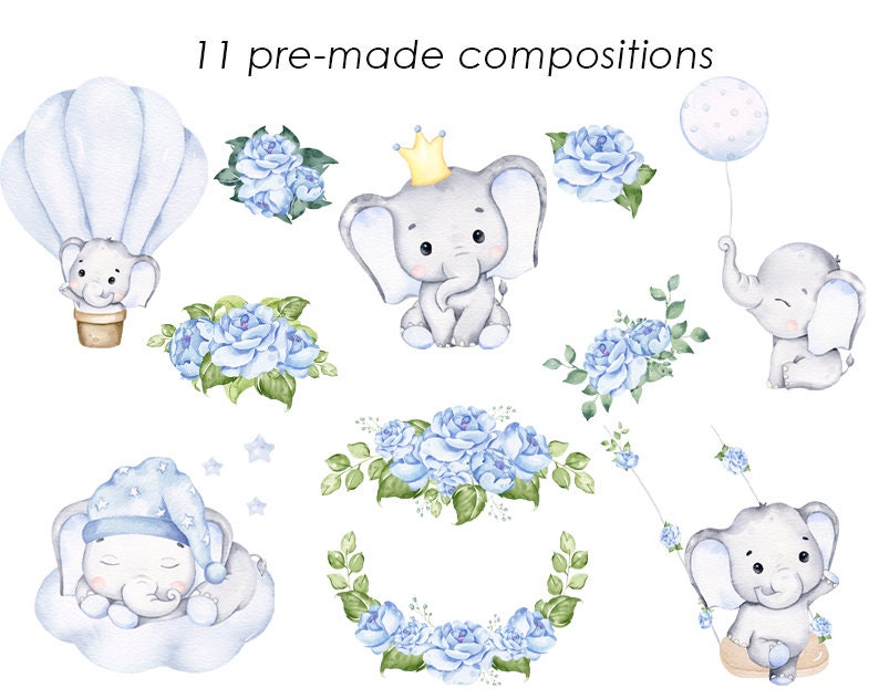 Elephant Watercolor Clipart, Cute Baby Elephant PNG, Baby Boy Clip Art ...