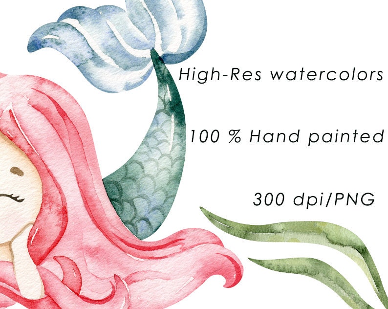 Mermaid Watercolor Clipart Cute Mermaids PNG Undersea - Etsy
