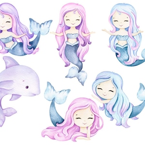 Mermaid Watercolor Clipart Cute Mermaids PNG Girl Clip Art - Etsy
