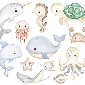 Undersea Watercolor Clipart, Sea Animals Clpart, Nursery Decor, Baby ...