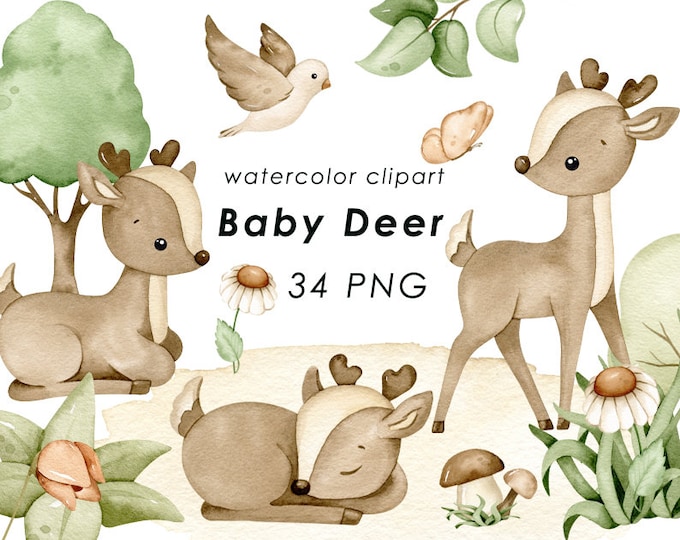 Springtime Watercolor Clipart | Cute Deer Clipart | Deer Nursery Wall ...