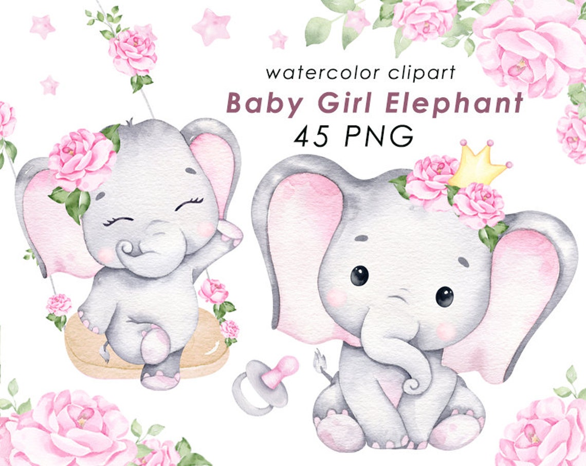 Baby Elephant Watercolor Clipart Girl Wall Art Nursery - Etsy