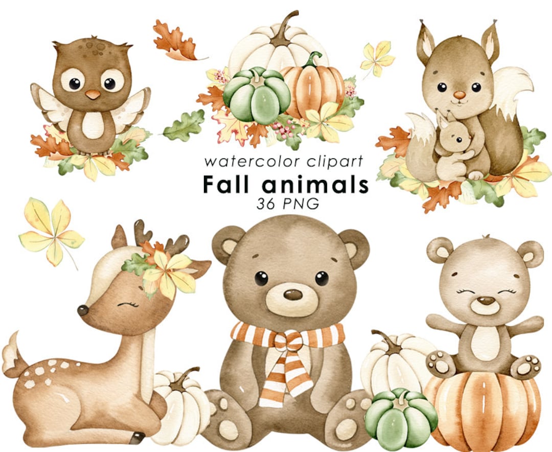 Fall Woodland Watercolor Clipart, Cute Forest Animals Clip Art, Autumn ...