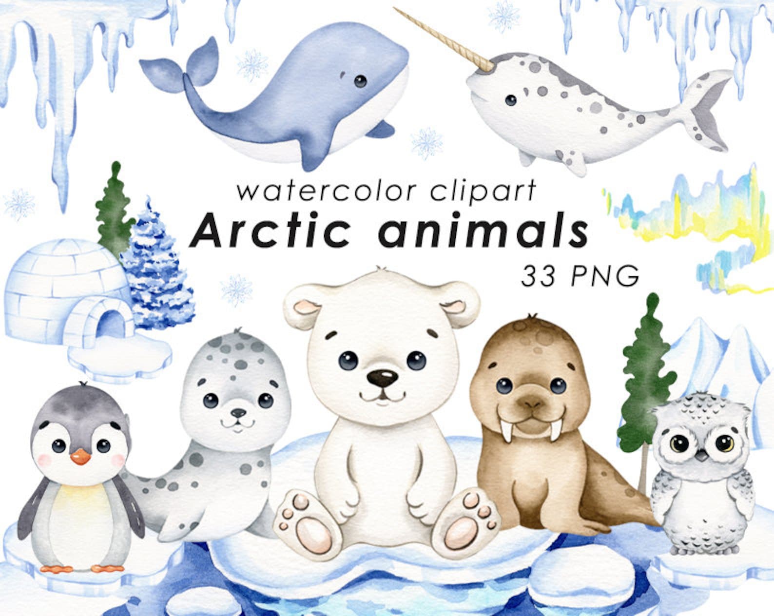 Arctic Animals Watercolor Clipart, Cute Polar Bear, Penguin, Narwal ...