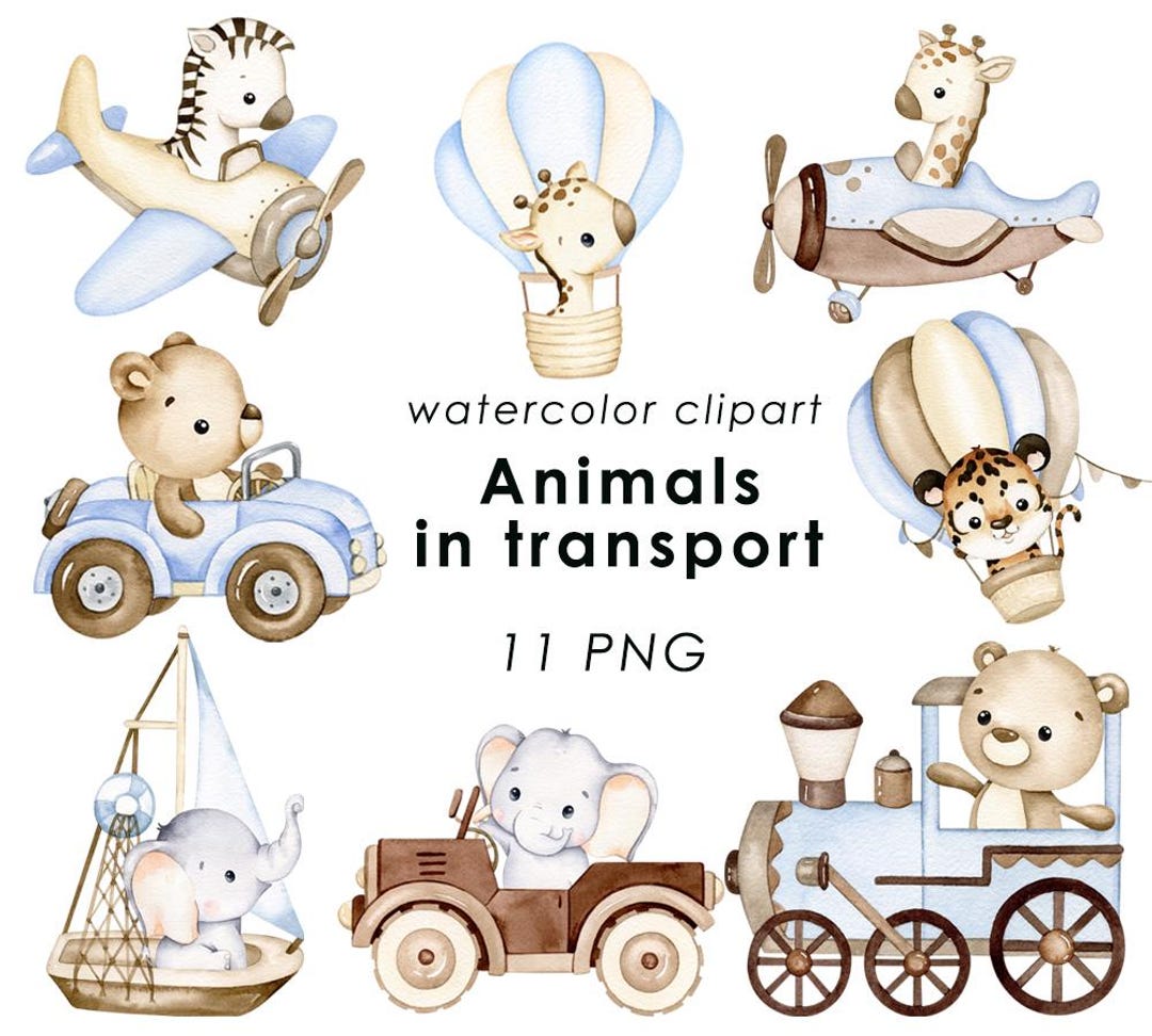 Animals in Transport Clipart, Cute Animals Clip Art, Baby Boy Wall Art ...