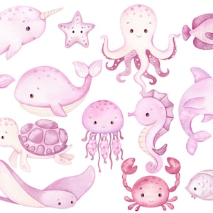 Undersea Watercolor Clipart, Nursery Decor, Nautical Baby Girl Wall Art ...