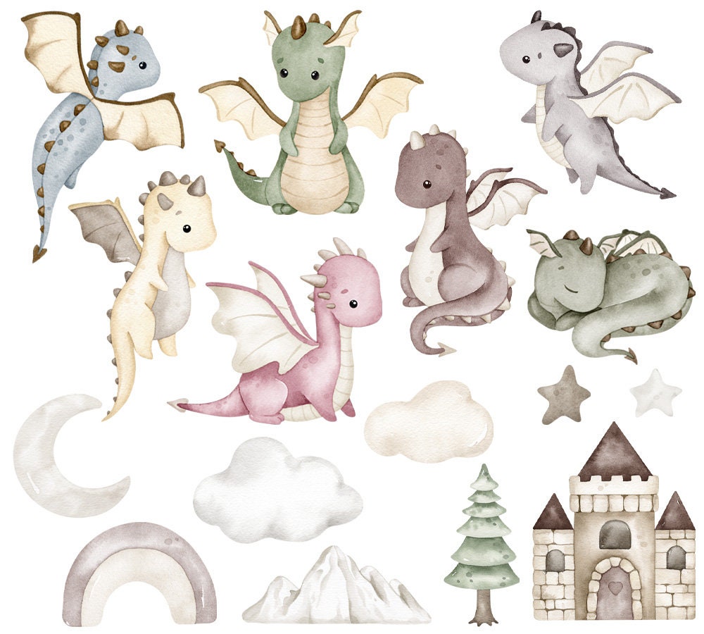 Dragons Watercolor Clipart, Cute Dragon PNG, Nursery Decor, Baby Shower ...