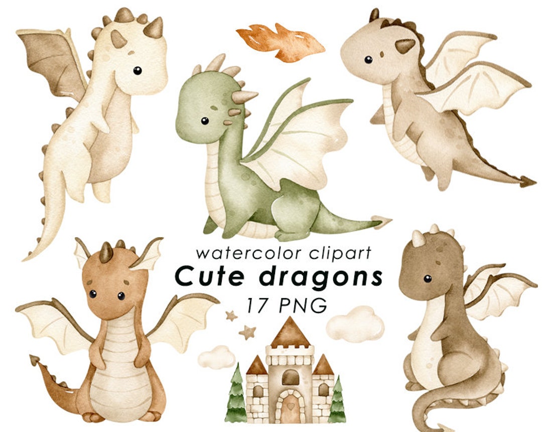 Dragons Watercolor Clipart, Cute Dragon PNG, Nursery Wall Art, Boys ...