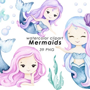 Mermaid Watercolor Clipart Cute Mermaids PNG Girl Clip Art - Etsy