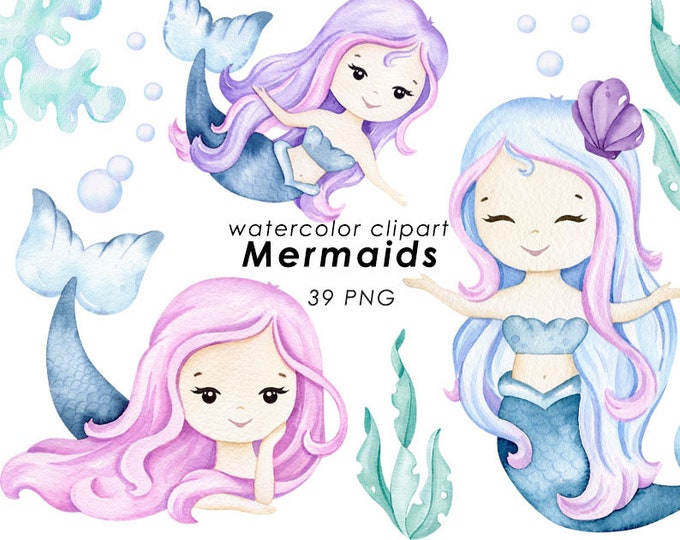Cute Mermaid and Friends Clipart With Watercolor Digital Clipart Set ...