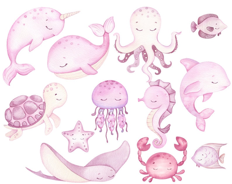 Undersea Watercolor Clipart Nursery Decor Nautical Baby Girl - Etsy