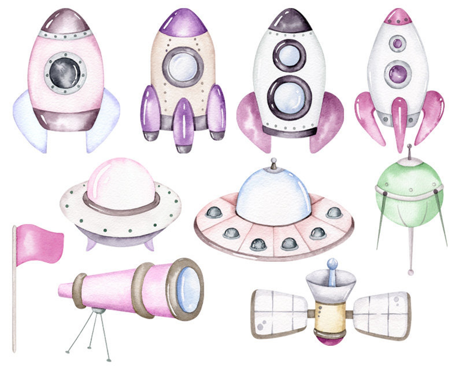 Girly Space Watercolor Clipart, Girl Cute Astronaut , Planets Clip Art ...