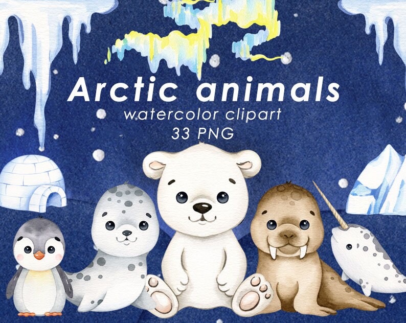 Arctic Animals Watercolor Clipart, Cute Polar Bear, Penguin, Narwal ...