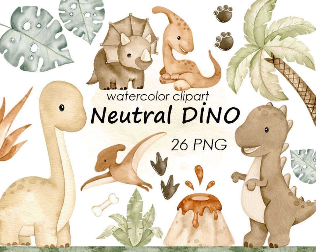 Watercolor Dinosaurs Clipart, Neutral Baby Boy Clip Art, Dino Nursery ...