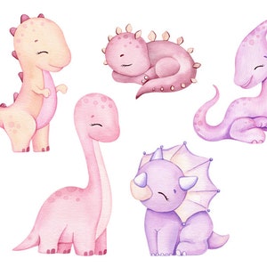 Dinosaurs Watercolor Clipart, Cute Dino PNG, Baby Girl, Baby Shower ...