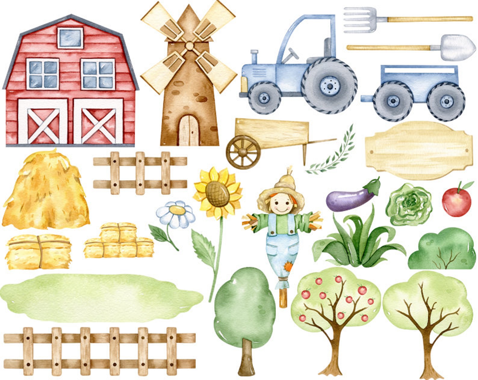 Farm Animals Watercolor Clipart, Cute Farm Clip Art, Nursery Decor ...