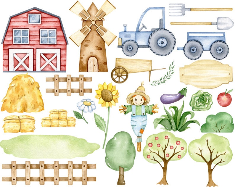 Farm Animals Watercolor Clipart Cute Farm Clip Art Nursery - Etsy