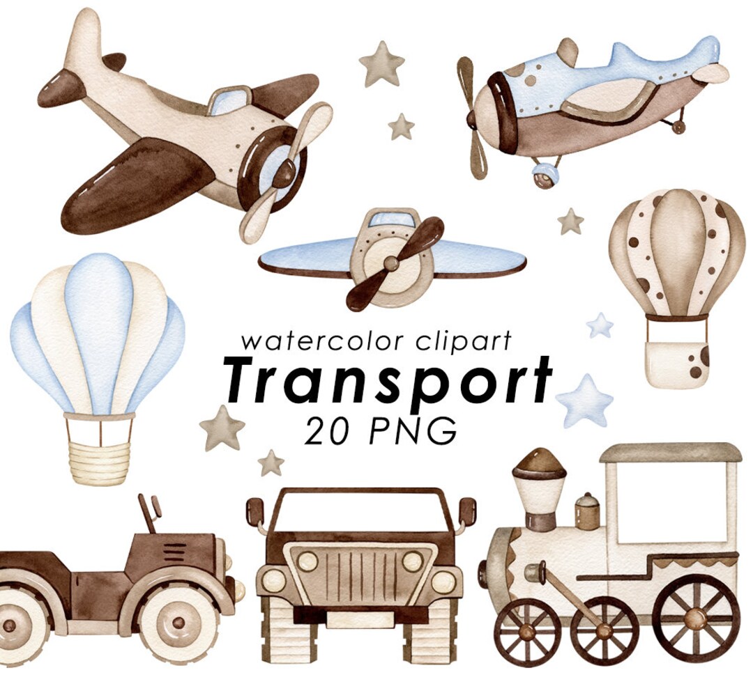 Transport Watercolor Clipart, Airplane Clip Art, Nursery Decor, Baby ...