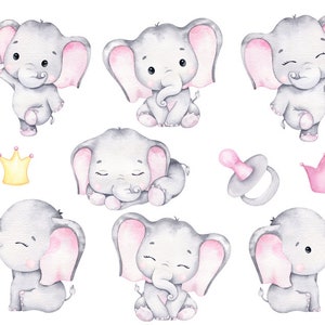 Baby Elephant Watercolor Clipart, Girl Wall Art, Nursery Decor, Cute ...