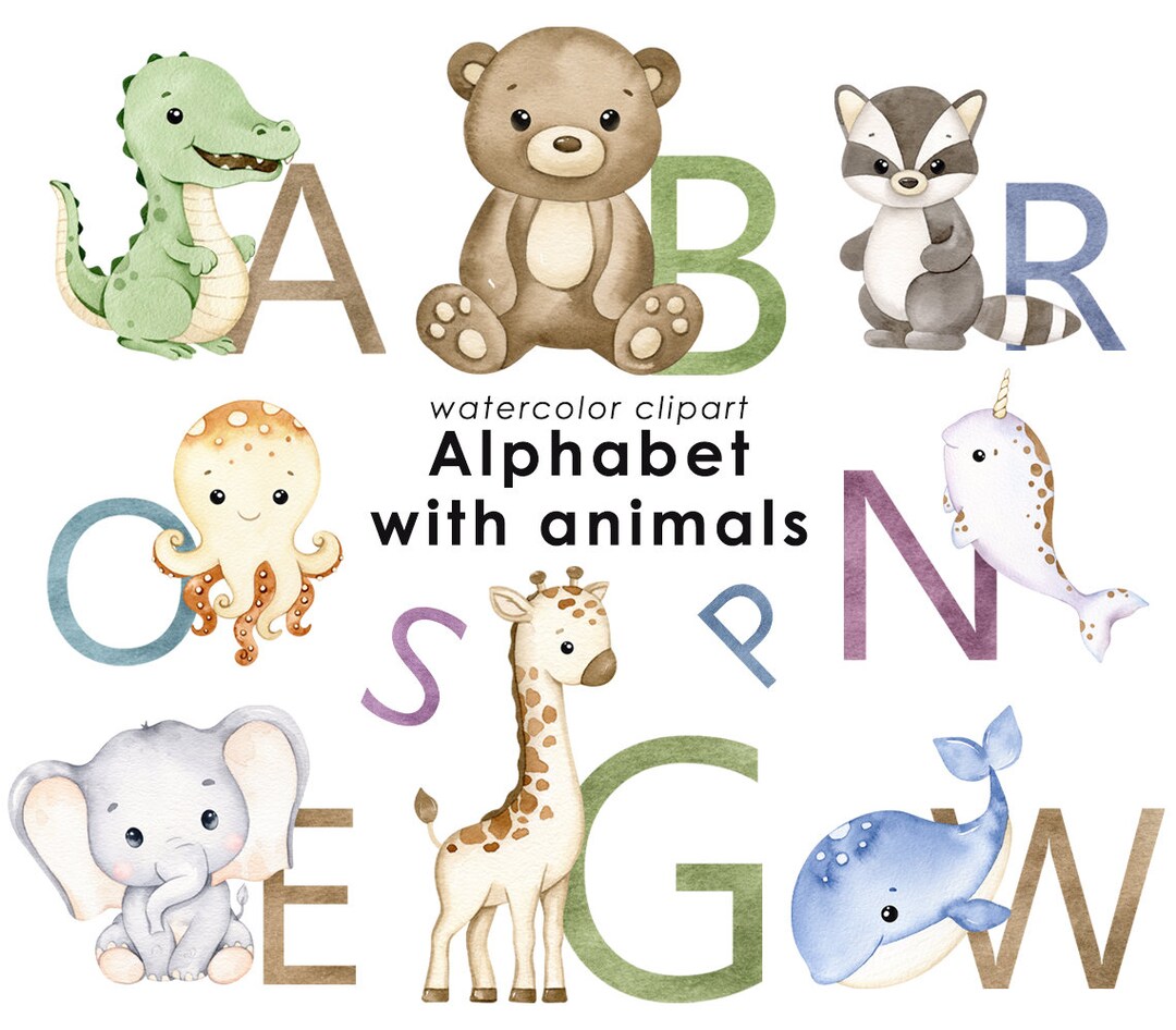 Animals Alphabet Watercolor Clipart, Cute ABC Clip Art, Nursery Decor ...