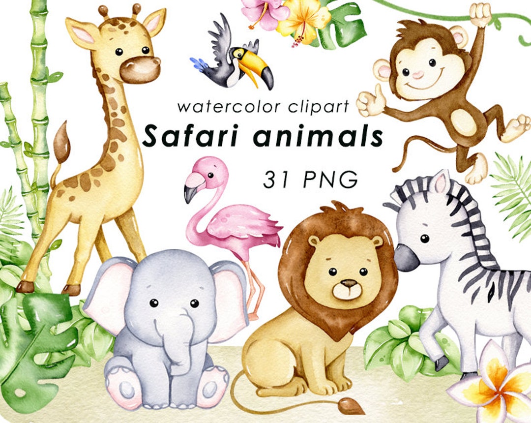 Safari Animals Watercolor Clipart, Cute Jungle Animals, Baby Shower ...