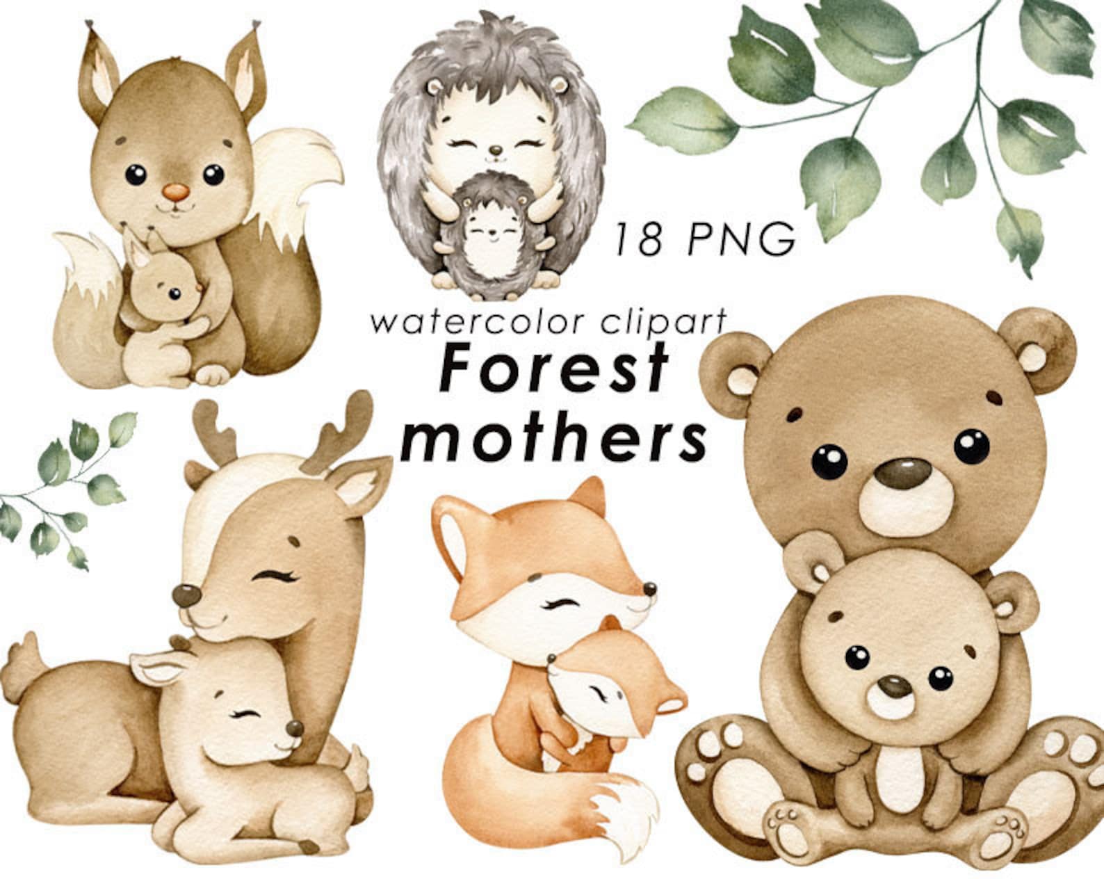 Forest Animals Watercolor Clipart, Woodland Mother and Baby, Baby ...