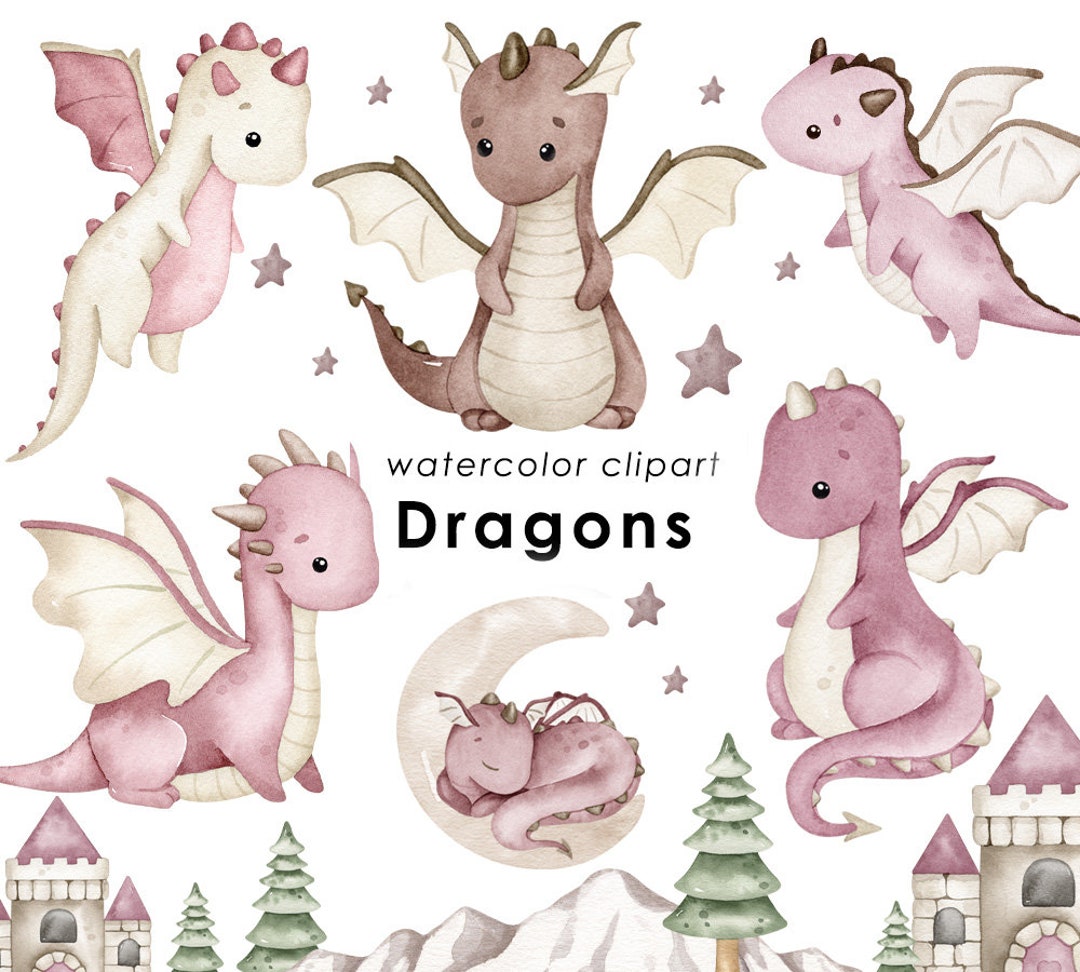 Dragons Watercolor Clipart, Cute Dragon PNG, Nursery Wall Art, Girls ...