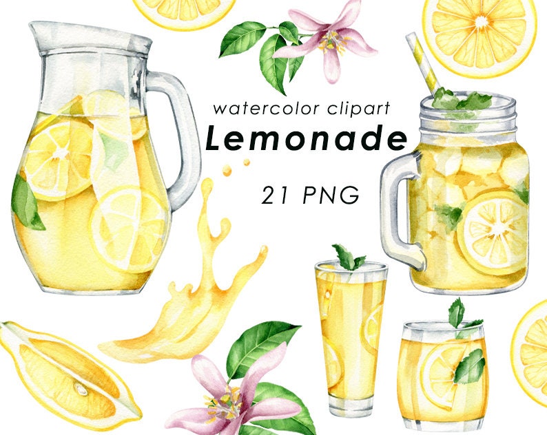 digital download Watercolor lemonade clipart PNG hand painted lemon ...