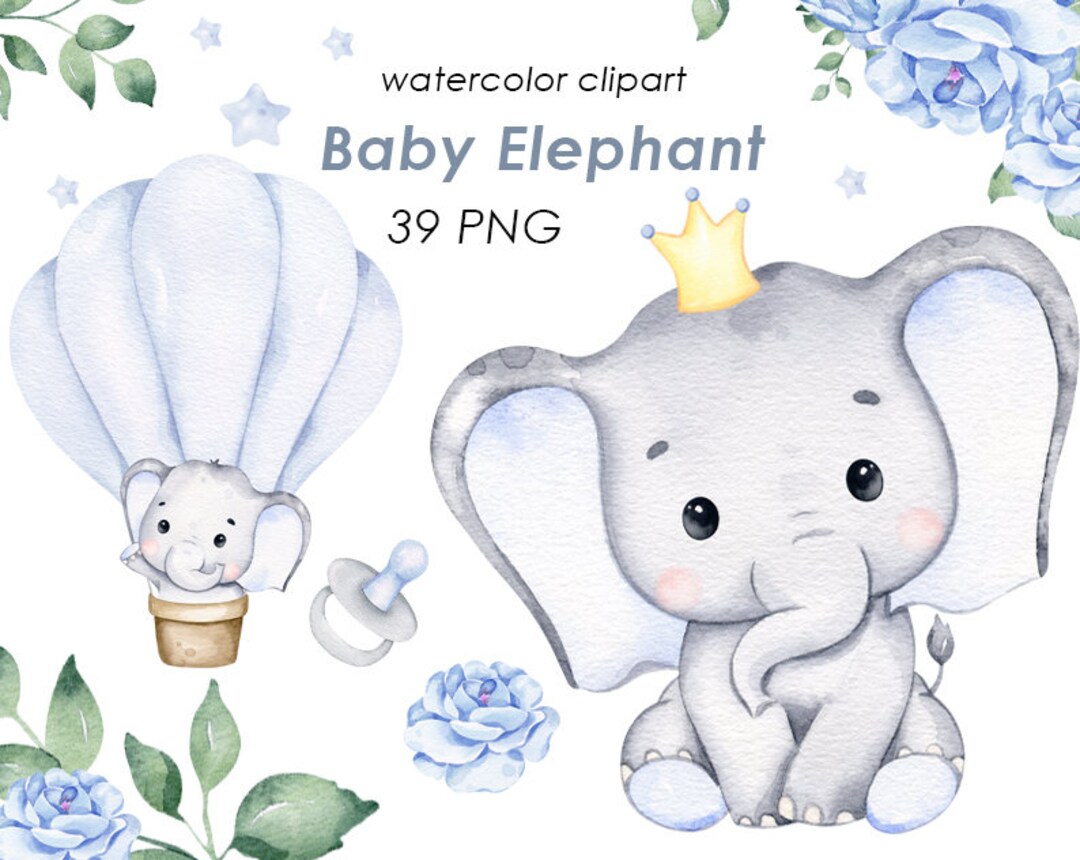 Elephant Watercolor Clipart, Cute Baby Elephant PNG, Baby Boy Clip Art ...