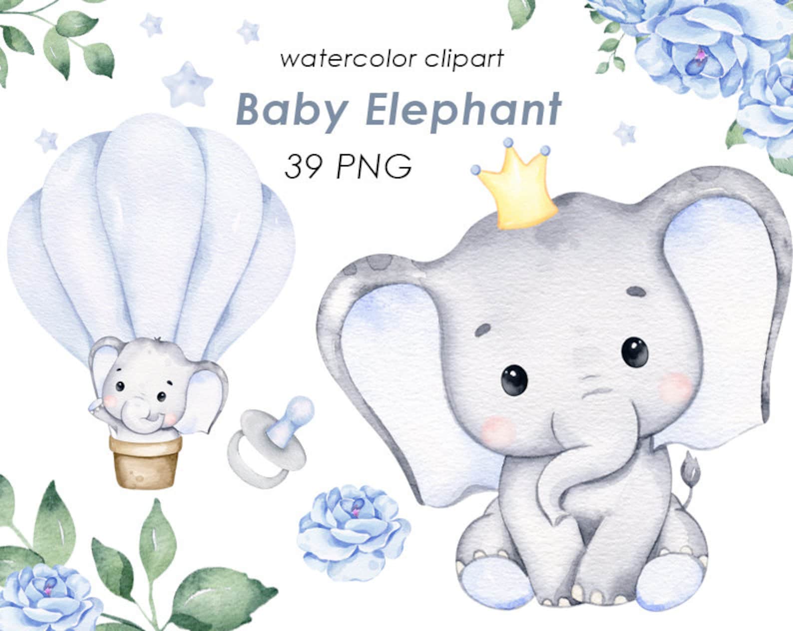 Elephant Watercolor Clipart Cute Baby Elephant PNG Baby Boy - Etsy