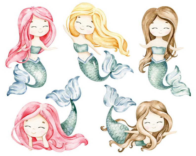Mermaid Watercolor Clipart Cute Mermaids PNG Undersea - Etsy